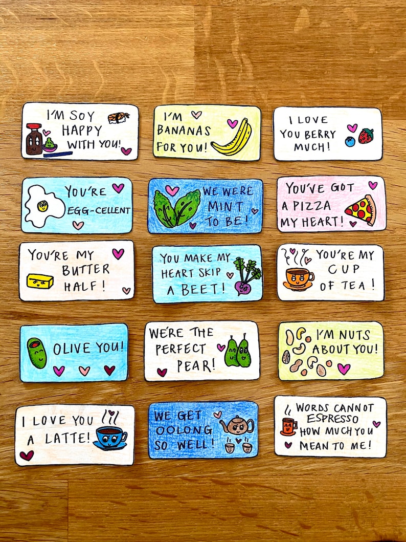 Cute Food Puns Love Illustrated Sticker Set: 3-35 Assorted Glossy ...