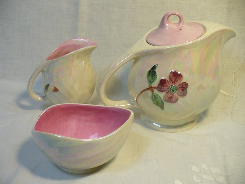 Vintage English Pink Flower Luster Ware Tea Pot Creamer Sugar - Hand ...