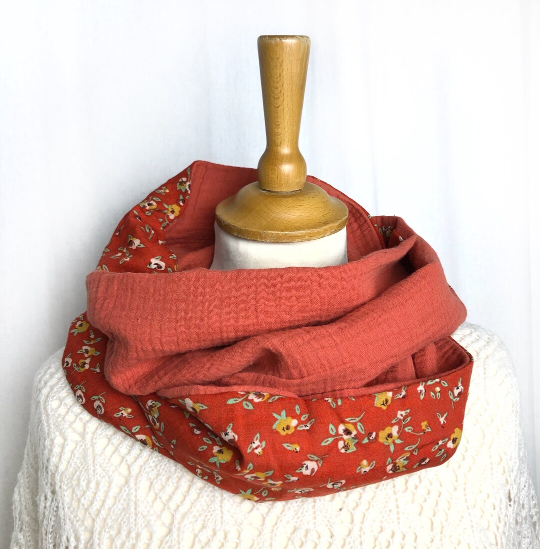 Women's Floral Snood Scarf in Terracotta Brick Cotton Neck Warmer Scarf ...
