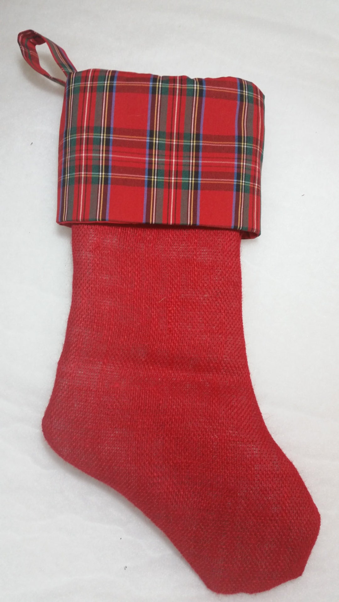 Red Burlap Christmas Stocking With Red Tartan Plaid Cuff - Etsy