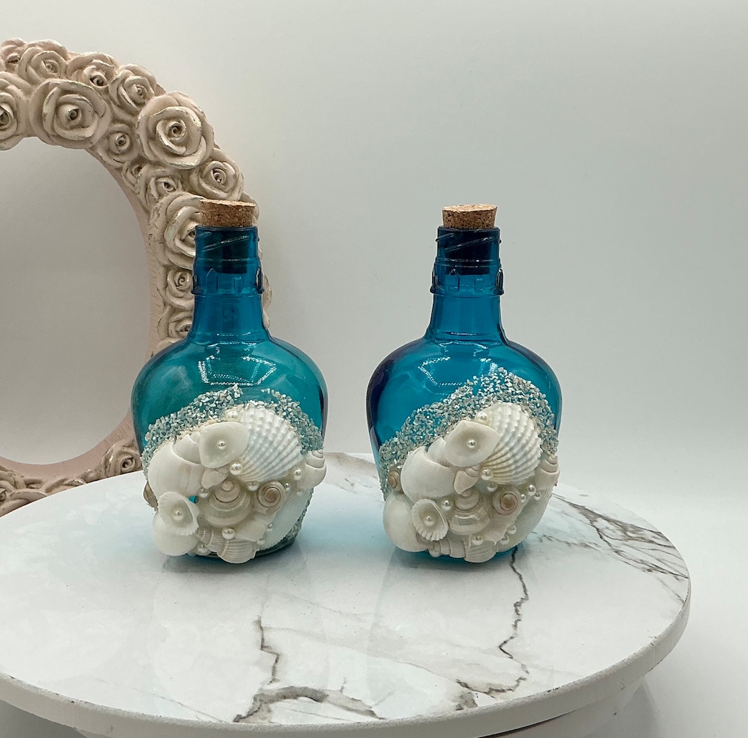Bahama Blue Bottle With Shells 5" I Coastal Decor Bottle With Cork - Etsy