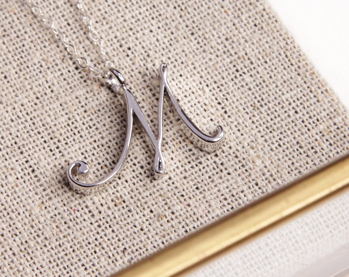 Silver M Pendant / Silver Letter M Necklace / Dainty Silver Chain ...