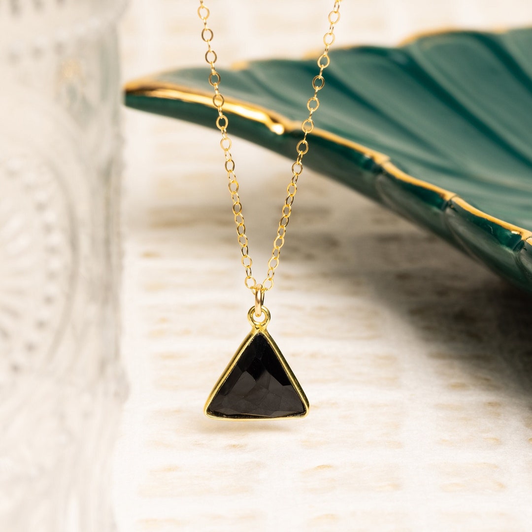 Black Onyx Triangle Gemstone Necklace - Geometric, Minimalist, Dainty ...
