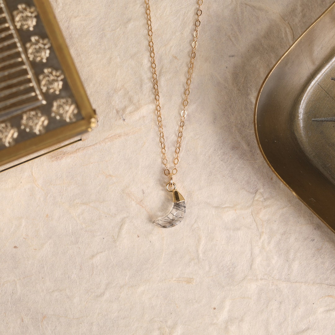 Black Rutilated Quartz Moon Necklace on 14k Gold Filled Dainty Cable ...