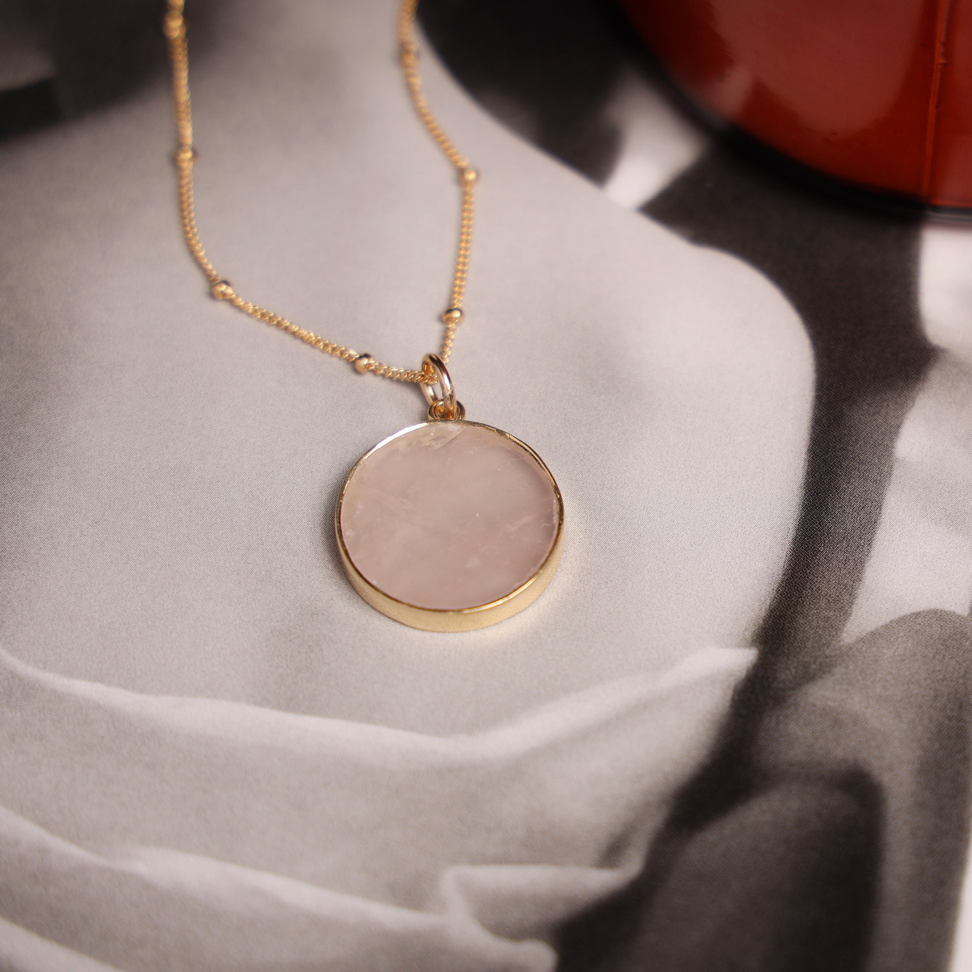 Rose Quartz Round Disc Necklace Minimalist Style Long Layering Necklace ...