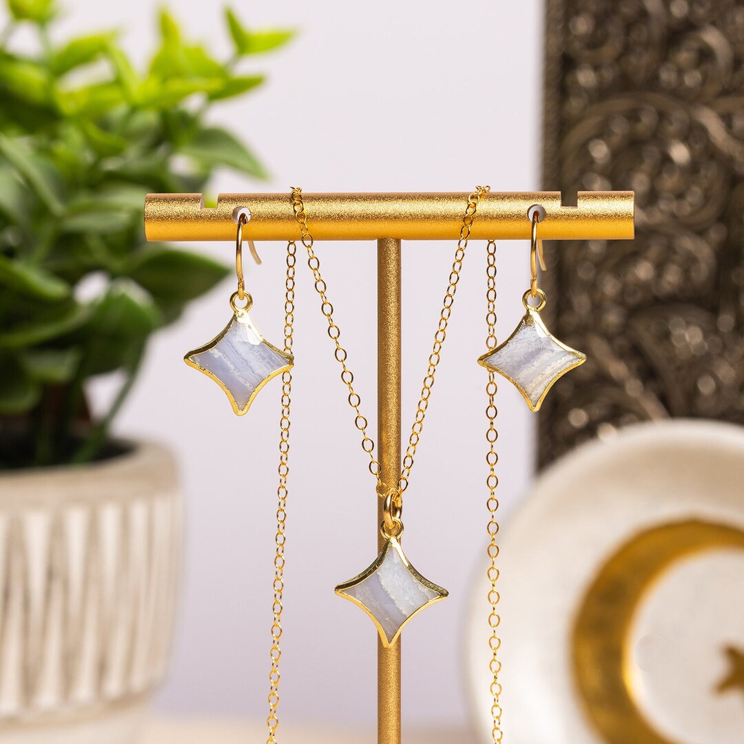 Blue Lace Agate 4 Way Star Gold Earrings and Necklace SET, Bezel Stone ...