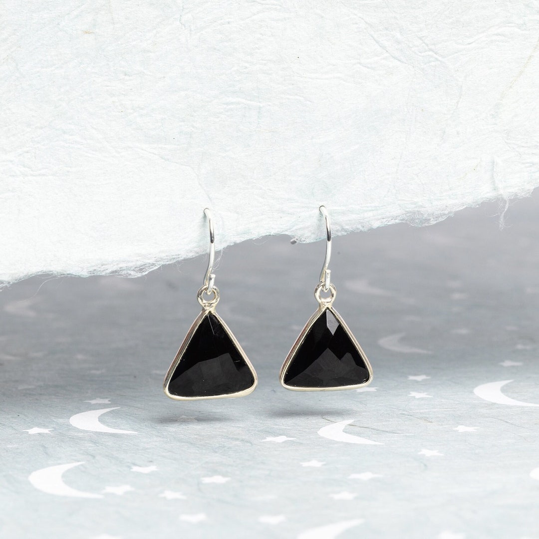 Sterling Silver Black Onyx Triangle Shape Drop Earrings - Geometric ...