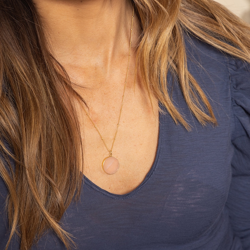 Rose Quartz Round Disc Necklace Minimalist Style Long Layering Necklace ...