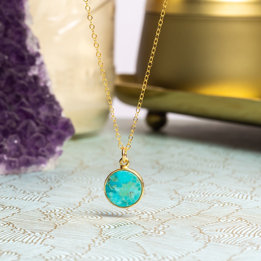Turquoise Gold Round Pendant Necklace, Minimalist Round Circle Pendant ...