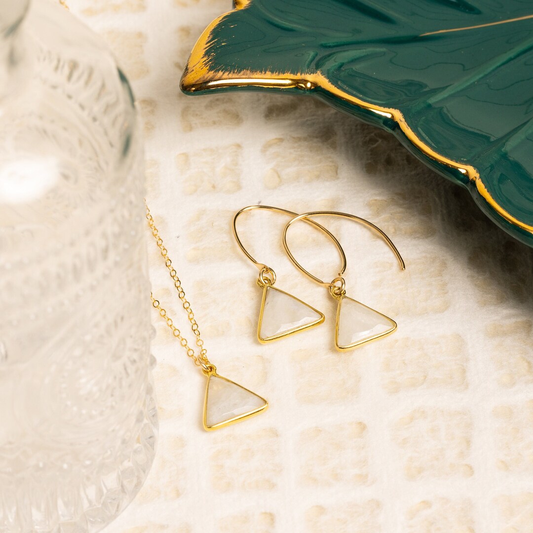 Moonstone Triangle Gemstone Necklace and Earrings SET Geometric ...