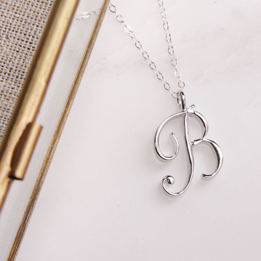 Letter B Initial Necklace - Cursive "b" Initial Silver Pendant ...