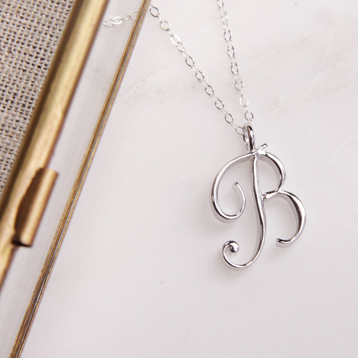 Letter B Initial Necklace - Cursive "b" Initial Silver Pendant ...