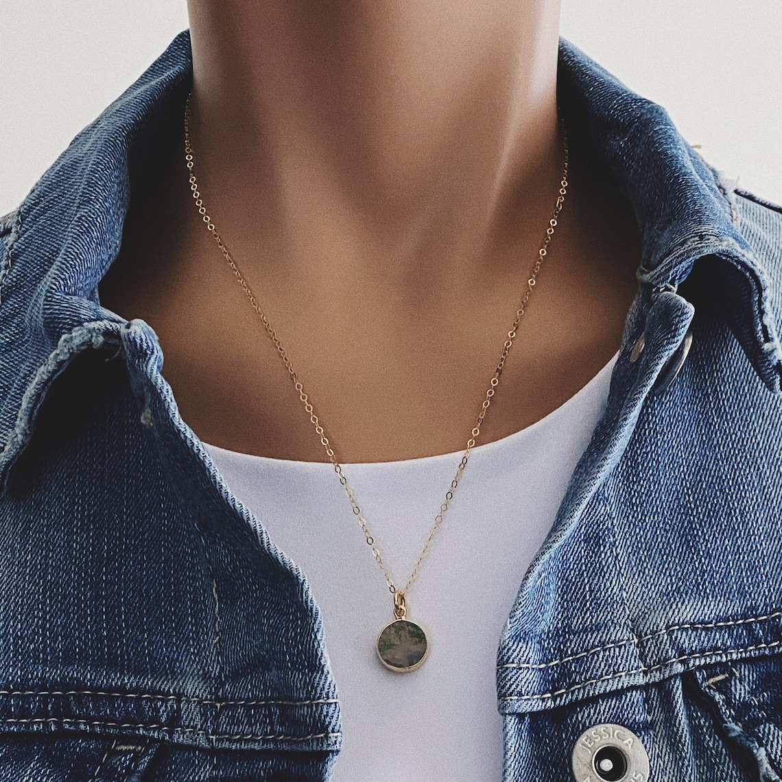 Moss Agate Small Disc Necklace Minimalist Jewelry Gift for - Etsy