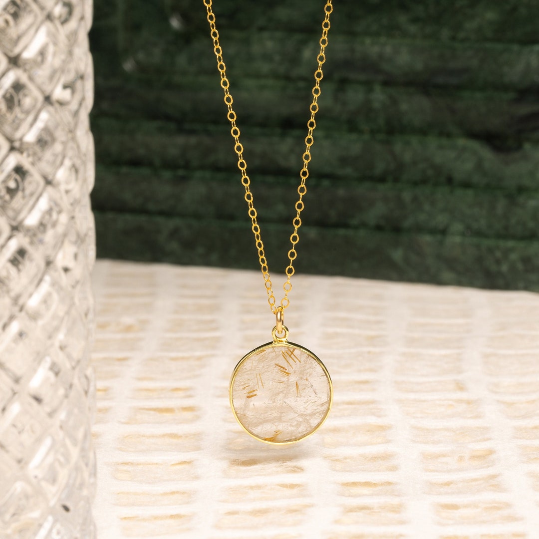 Golden Rutilated Quartz Circle Round Pendant on 14k Gold Filled Dainty ...