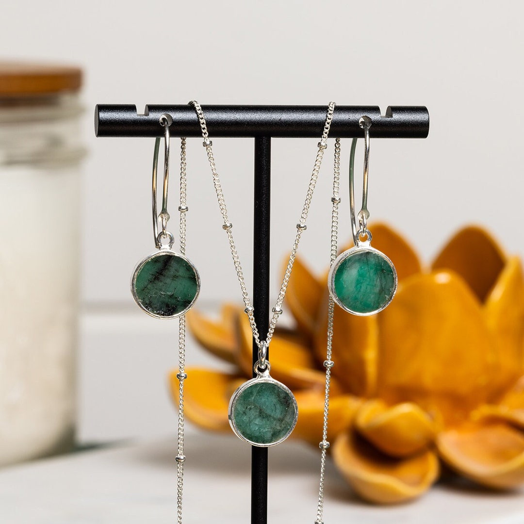Raw Emerald Silver Jewelry Set - Circle Pendant Necklace AND Matching ...