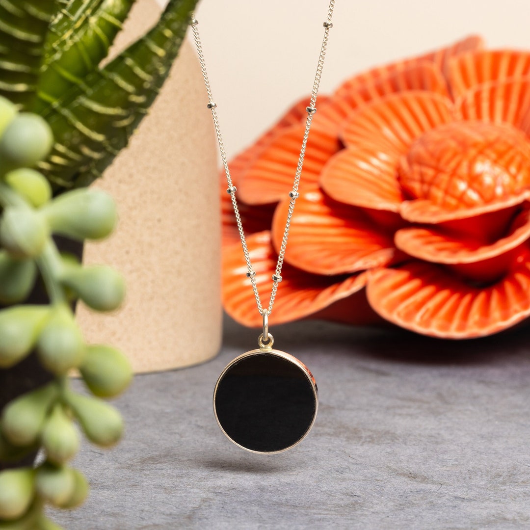 Obsidian Pendant Necklace - 925 Sterling Silver Bezel and Satellite ...