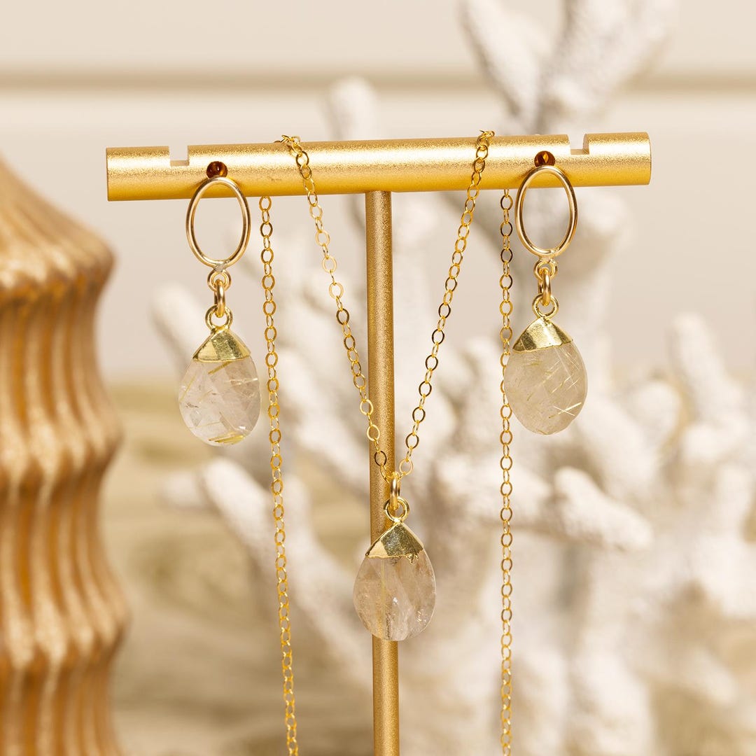 Golden Rutilated Quartz Jewelry Set / Gold Oval Pebble Style Drop ...