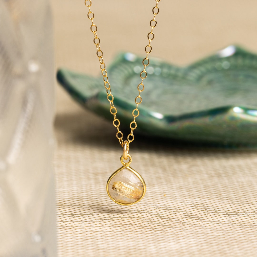Rutilated Quartz Teardrop Pendant Gemstone Gold Necklace - Birthday ...