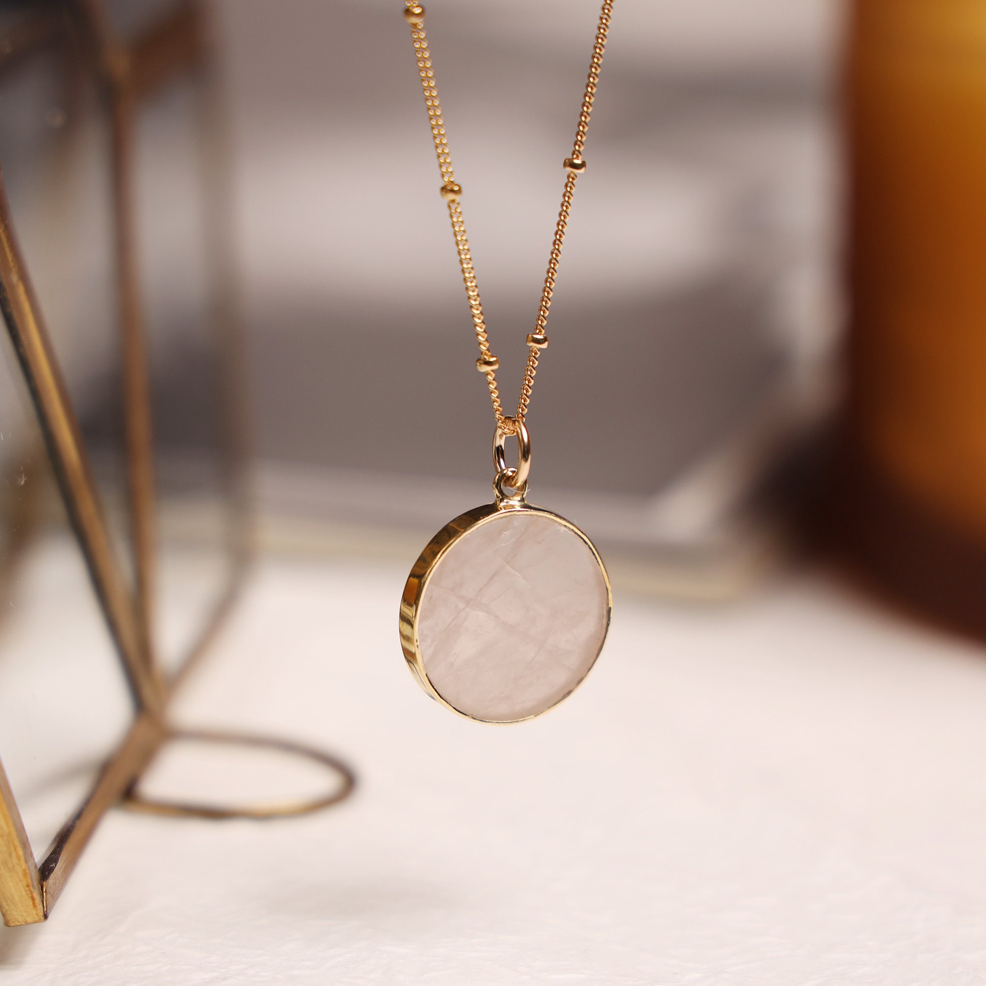 Rose Quartz Round Disc Necklace Minimalist Style Long Layering Necklace ...