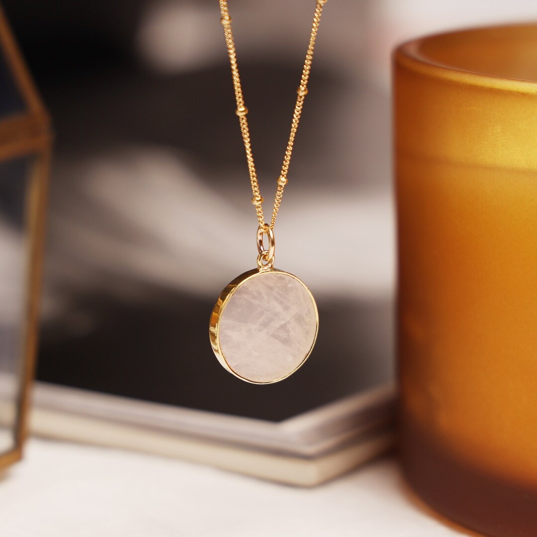 Rose Quartz Round Disc Necklace Minimalist Style Long Layering Necklace ...
