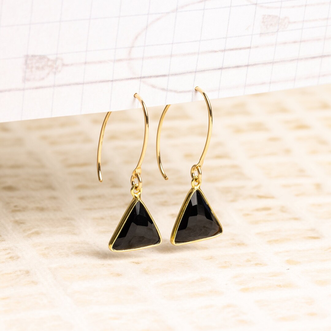 Genuine Black Onyx Gemstone Triangle Drop Earrings - Geometric, Modern ...