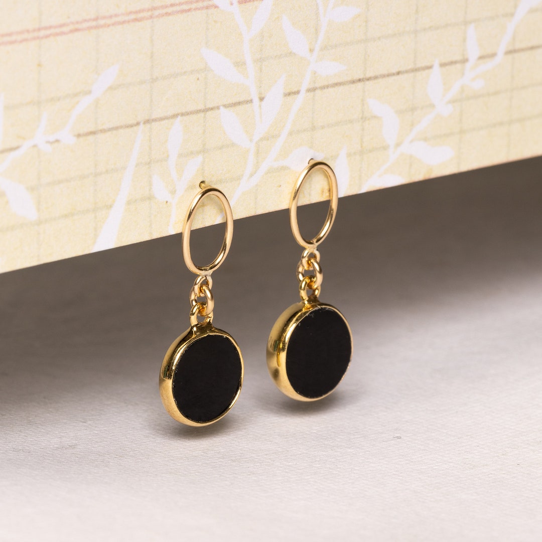 Genuine Black Obsidian Circle Shape Gemstone Earrings - Vermeil Gold ...