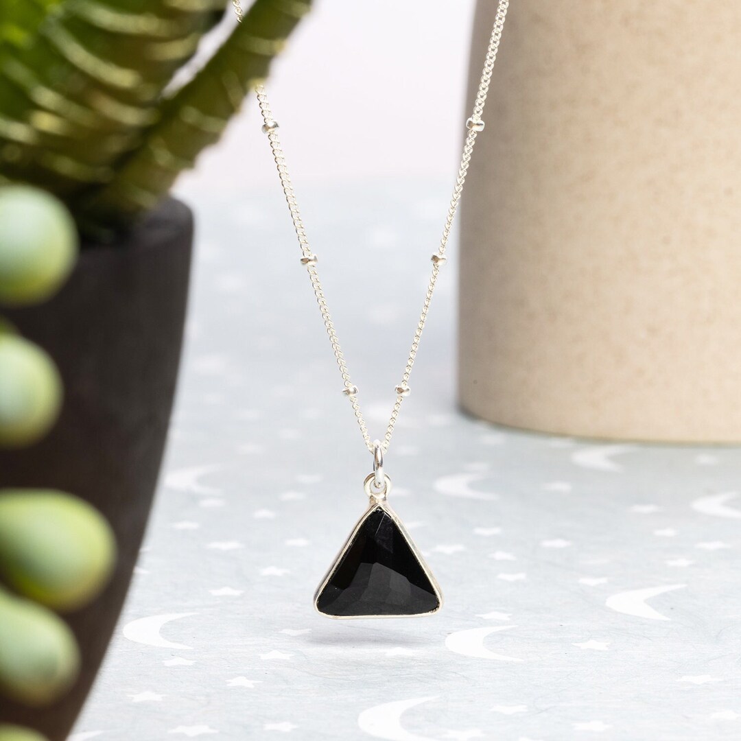 Black Onyx Triangle Pendant Necklace on 925 Sterling Silver Satellite ...