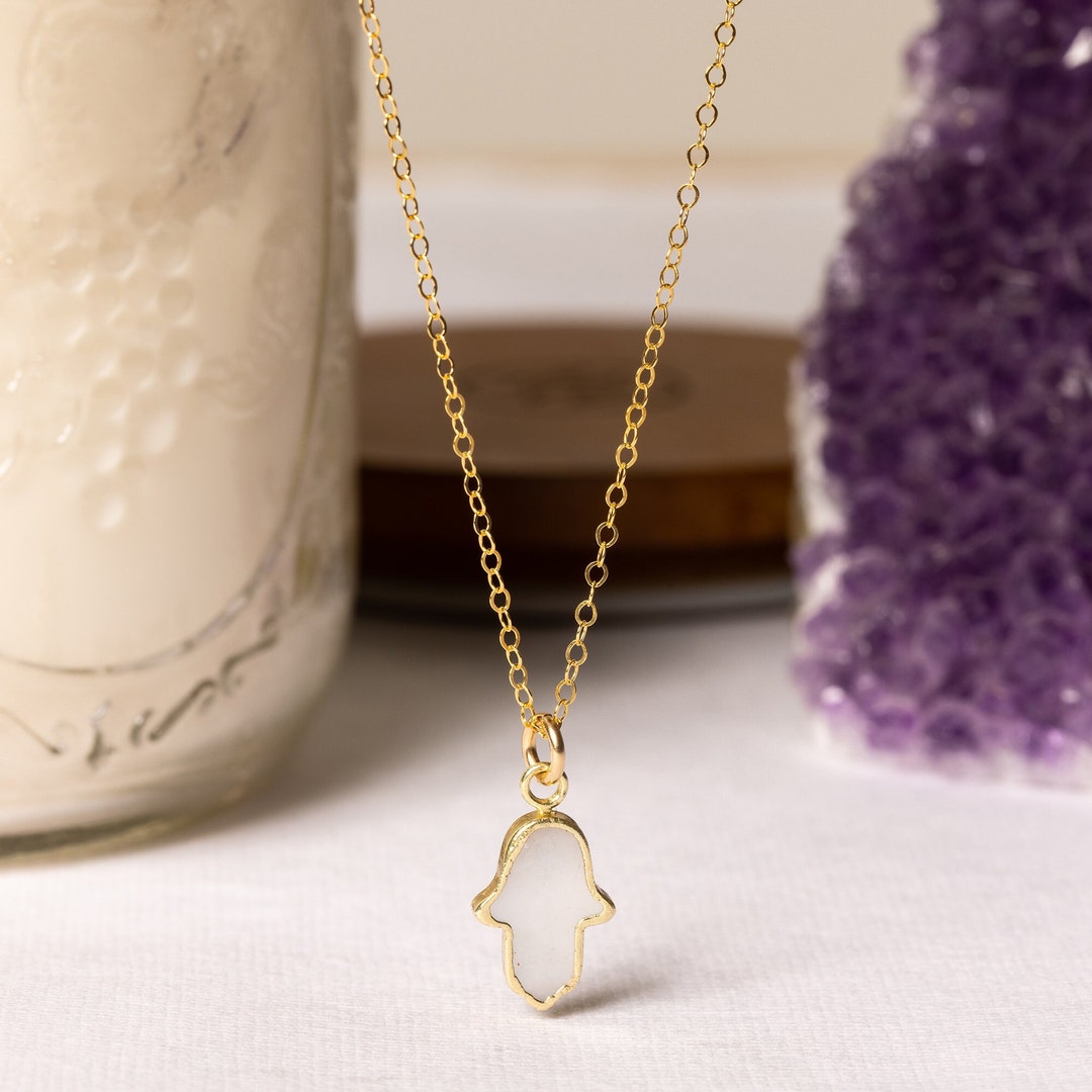 Mother of Pearl Mini Hamsa Necklace 14k Gold Filled Chain -hand of Fate ...