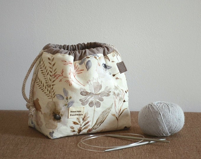 Floral Drawstring Project Bag Knitting or Crochet Bag Dried Flowers ...