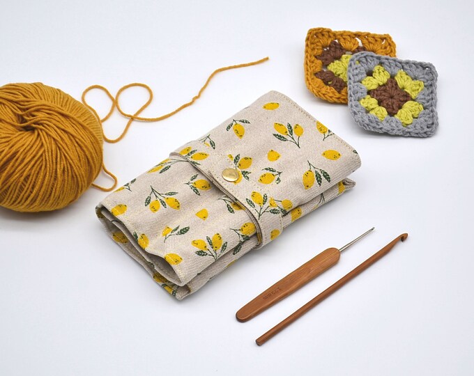 Lemon Print Crochet Hook Roll up 14 Pockets for Crochet Hooks 6 ...