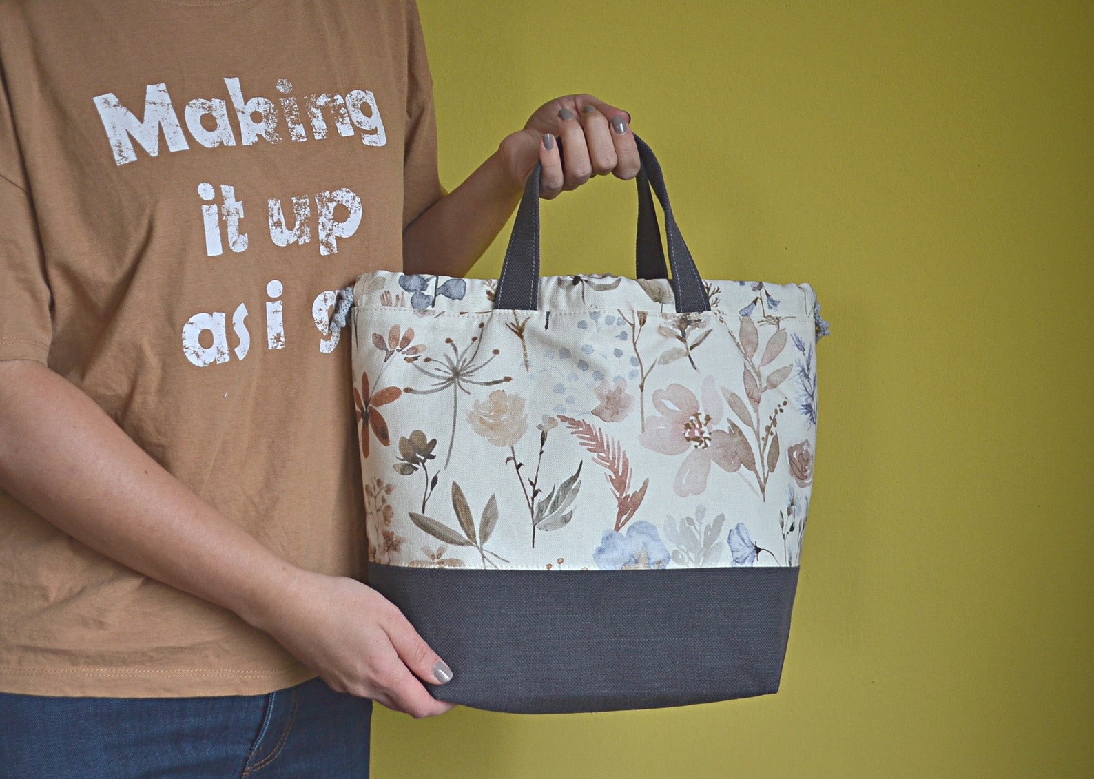 Large tote project bag for knitting or crochet Drawstring bag | Etsy