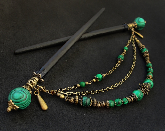 Set of 2 Japanese Wooden Hair Sticks With Malachite, Removable Chain - Etsy