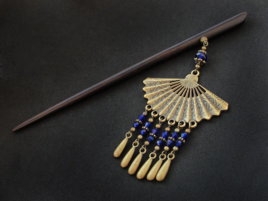 Japanese Fan Hair Stick, Wooden Bun Chopstick, Bronze Metal, Geisha ...