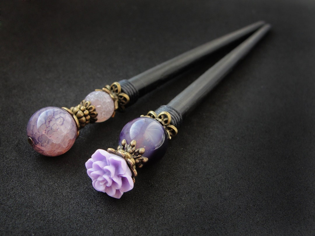Set of 2 Wooden Hair Sticks Japanese Hair Pins Geisha Hair Piece Purple ...
