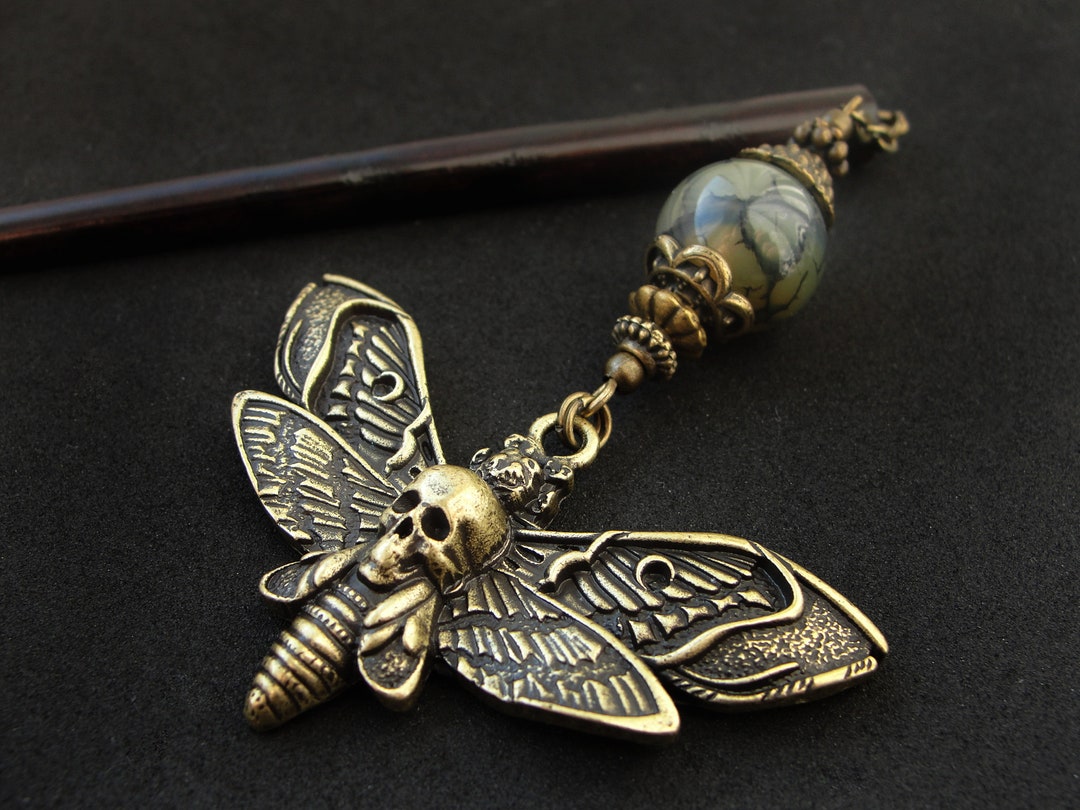 Death Moth Hair Stick, Wooden Chopstick, Dragon Agate and Bronze Metal ...