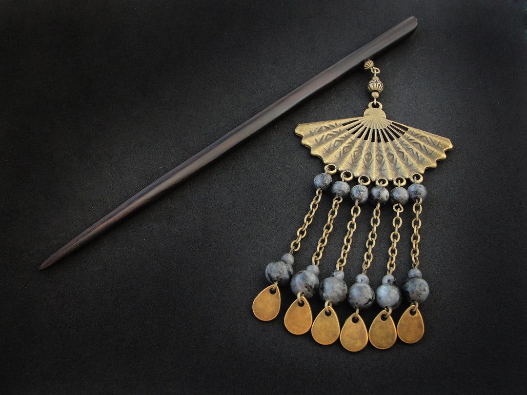 Big Folding Fan Hair Stick, Gray Labradorite, Japanese Wooden Chopstick ...