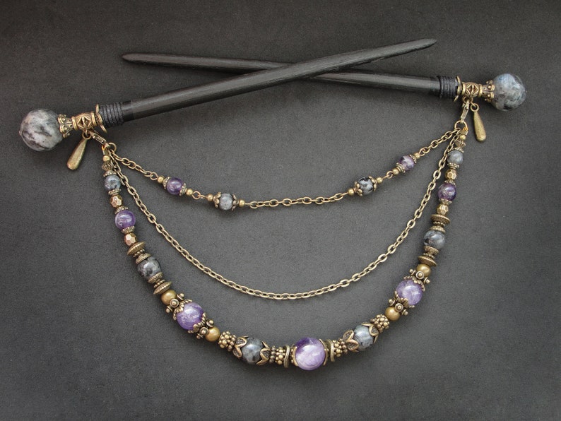 Set of 2 Wooden Hair Sticks, Labradorite With Amethyst, Removable Chain ...
