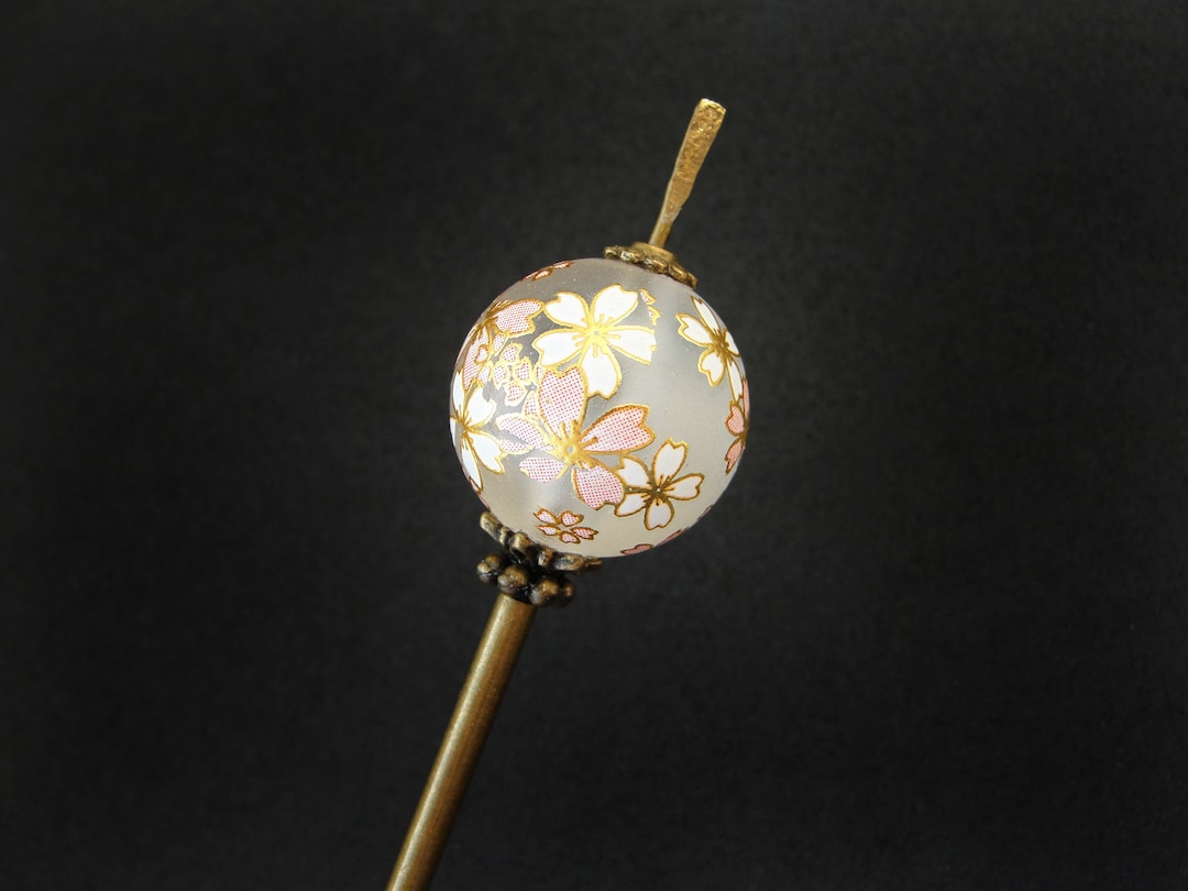 Sakura Tama Kanzashi White Tensha Hairpin Long Hair Needle In Bronze