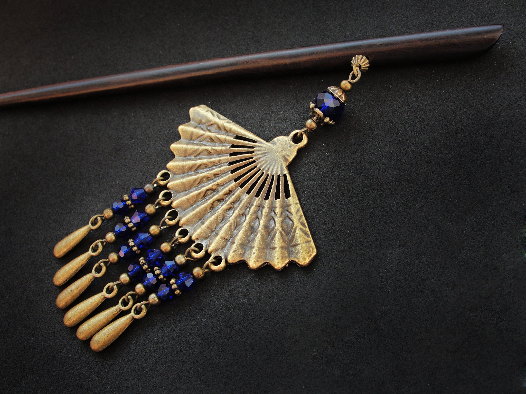 Japanese Fan Hair Stick Wooden Bun Chopstick Bronze Metal - Etsy