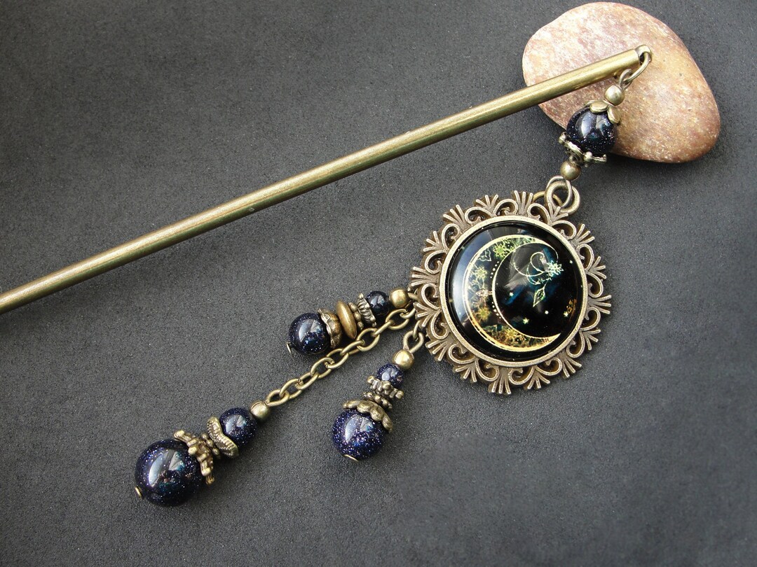 Crescent Moon Hair Stick, Blue Goldstone, Sparkling Bun Ornament - Etsy