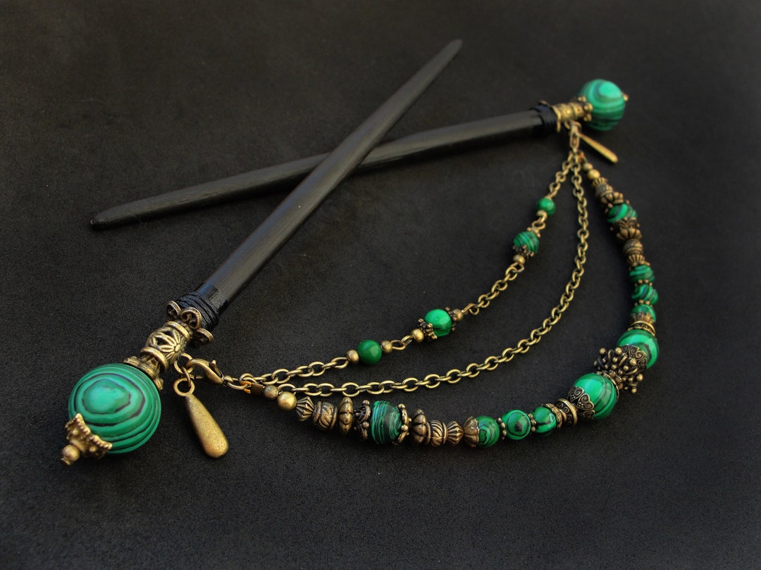 Set of 2 Japanese Wooden Hair Sticks With Malachite, Removable Chain - Etsy
