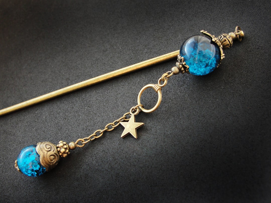 Chignon Chopstick With Blue Black Beads, Dangling Decoration ...