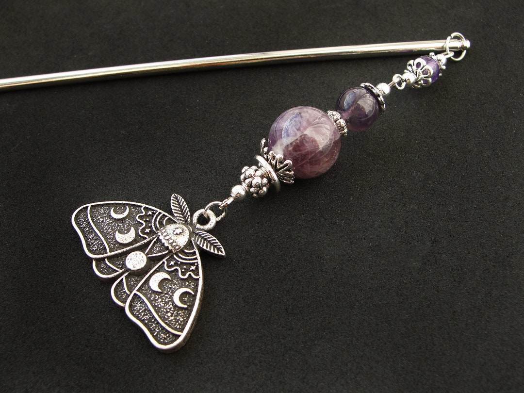 Moon Moth Hair Stick, Lunar Witch Bun Decoration, Amethyst Beads ...