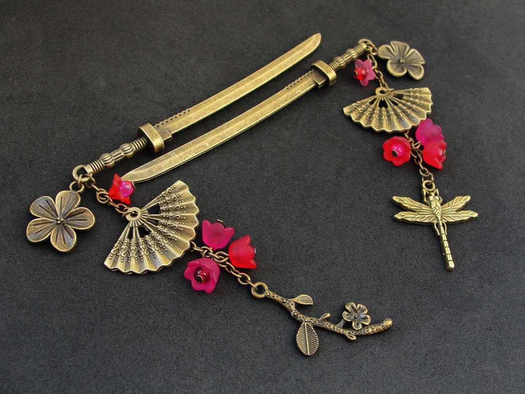 Single or Set Japanese Hair Sticks, Red and Magenta Flowers, Short ...
