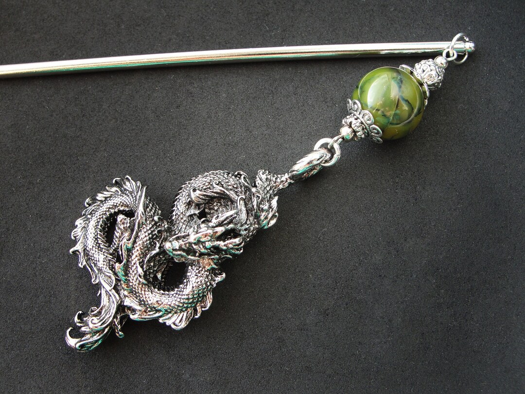 Chinese Dragon Hair Stick, Asian Mythology Beast, Vein Agate, Silver ...
