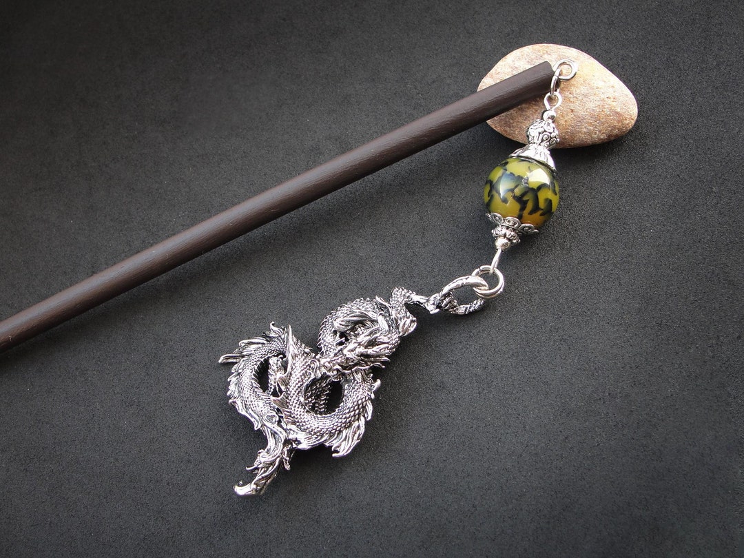 Chinese Dragon Hair Stick, Asian Mythology Beast, Vein Agate, Silver ...