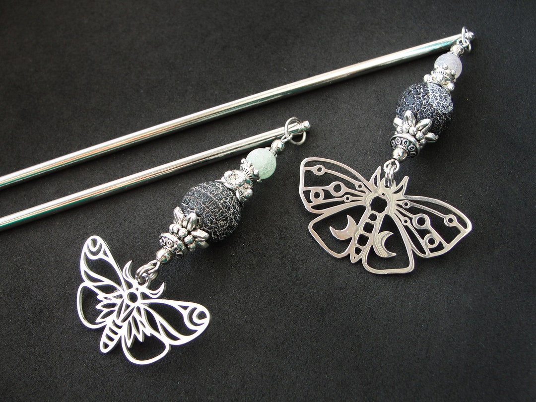 Single or Set of Moth Hair Sticks, Metal or Wooden Chopstick, Crackle ...