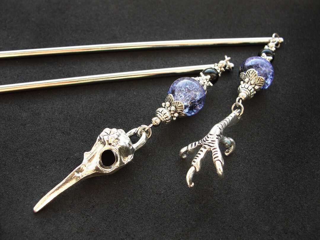 Single or Set of Raven Hair Sticks, Metal Bird Skull and Claws Hairpins ...