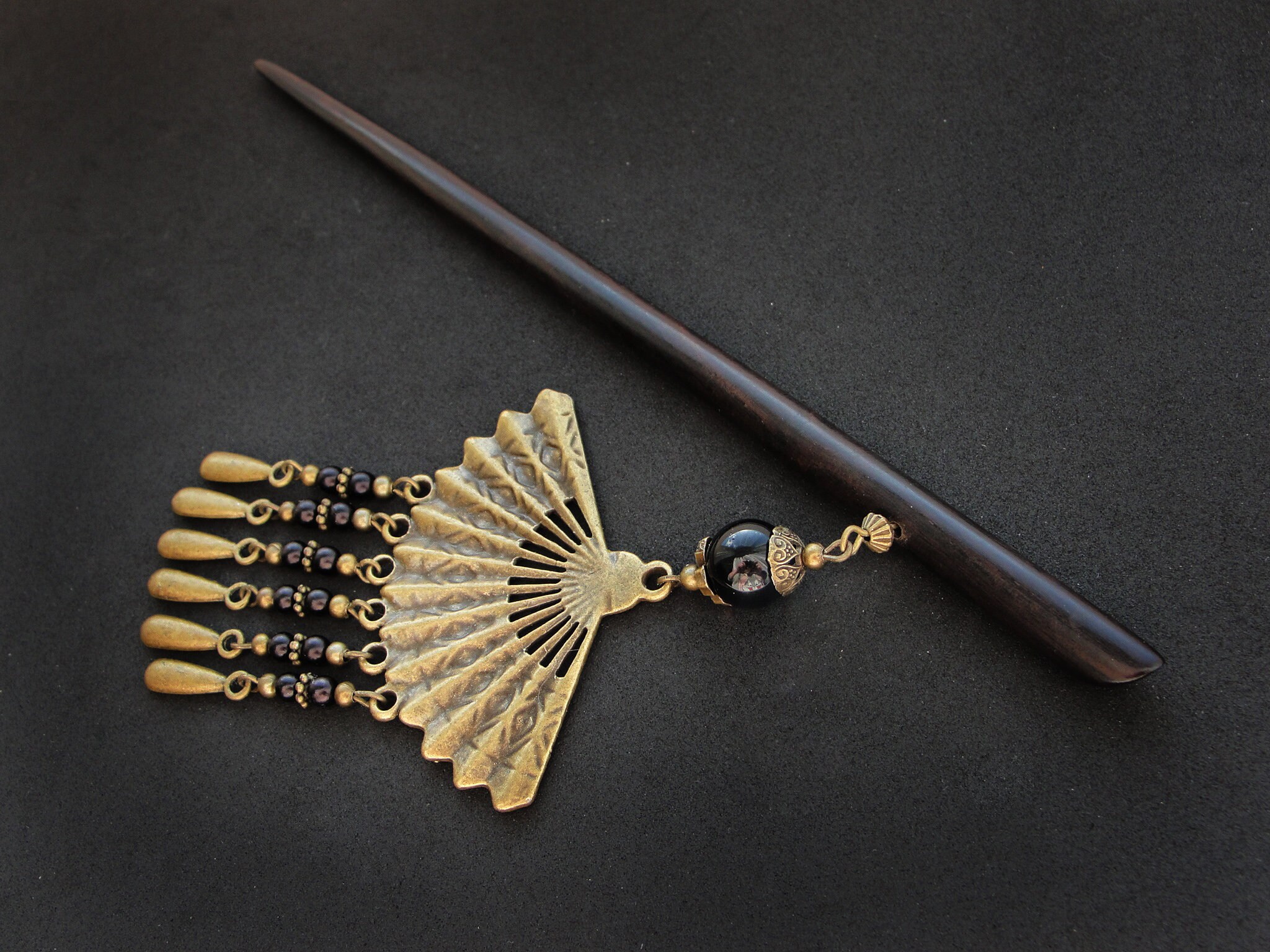 Folding Fan Hair Stick, Japanese Black Wooden Chopstick for Thick Hair ...