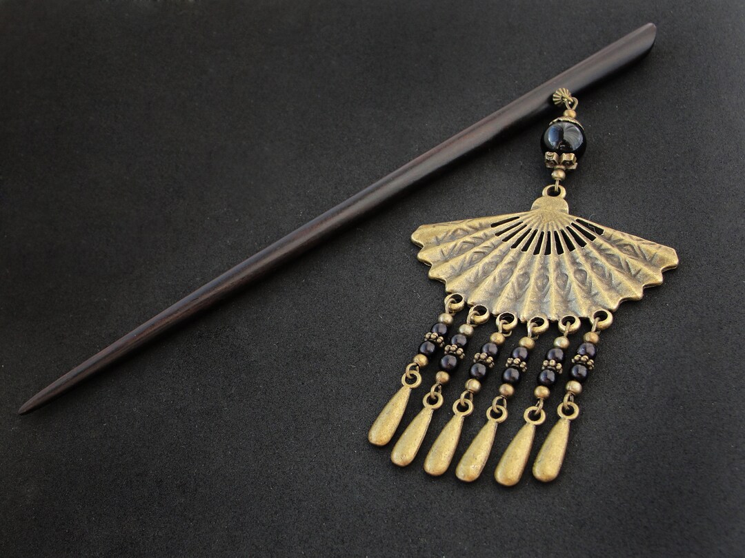 Folding Fan Hair Stick, Japanese Black Wooden Chopstick for Thick Hair ...